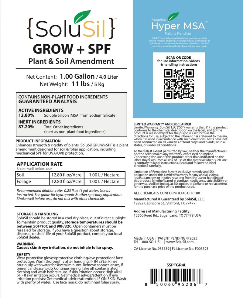 SoluSil® GROW + SPF - mMSA Foliar Amendment 1 Gallon / 4 Liter (2 Pack